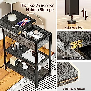 HOUIT End Table with Charging Station, Narrow Flip Top Side Table with USB Ports and Outlets, Nightstand with Storage for Small Spaces, Bedside Tables for Living Room, Bedroom - Gray