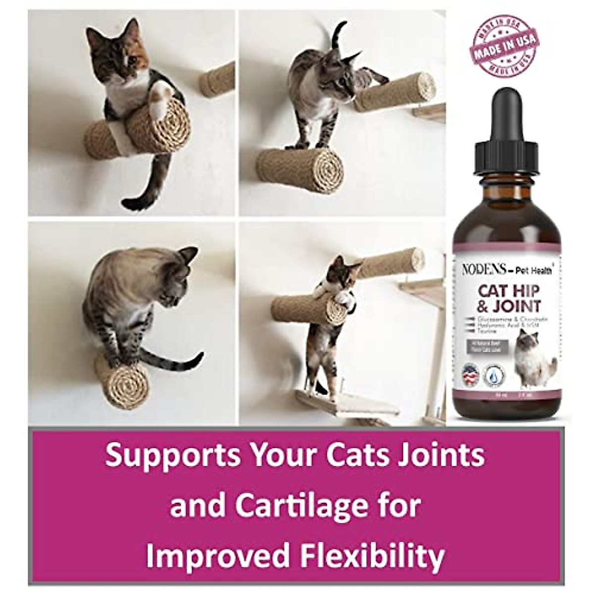 NODENS CAT Hip and Joint Glucosamine for Cats with Chondroitin and Opti-MSM® Hyaluronic Acid for Improved Joint Flexibility and Pain Relief from Inflammation and Cat Arthritis 2 floz