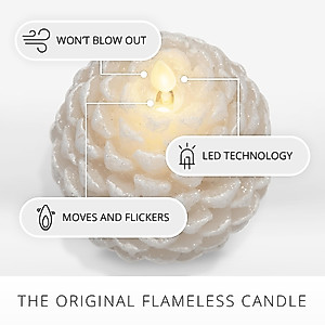 Luminara Pinecone Flameless Candle White Swan Glitter and Snow Finish Pine Cone Figural, Real Wax Unscented LED Candles, Battery Operated with Timer, Holiday Decoration (3.9" x 4.3")