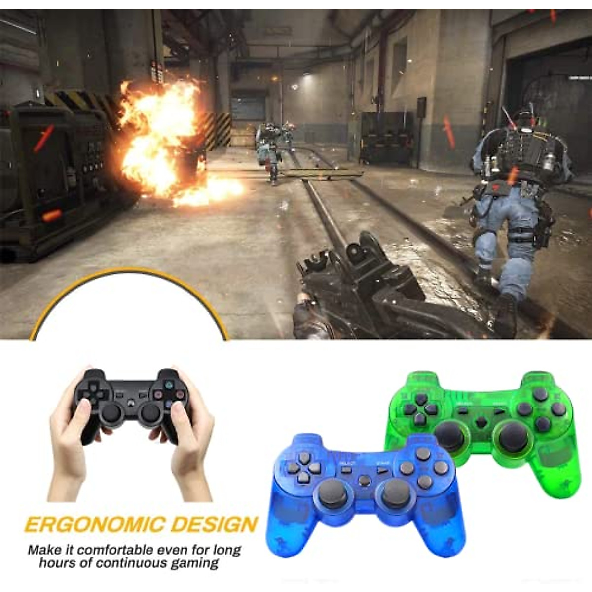 ＲＵＥＩＵＲＩ Wireless Controller for PS3,2 Pack PS3 Controller Compatible with PS 3 Console Double Shock Motion Control Upgraded Joystick with Charging Cord (Blue+Green)