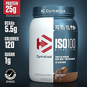 Dymatize ISO100 Hydrolyzed Protein Powder, 100% Whey Isolate , 25g of Protein, 5.5g BCAAs, Gluten Free, Fast Absorbing, Easy Digesting, Gourmet Chocolate, 20 Servings
