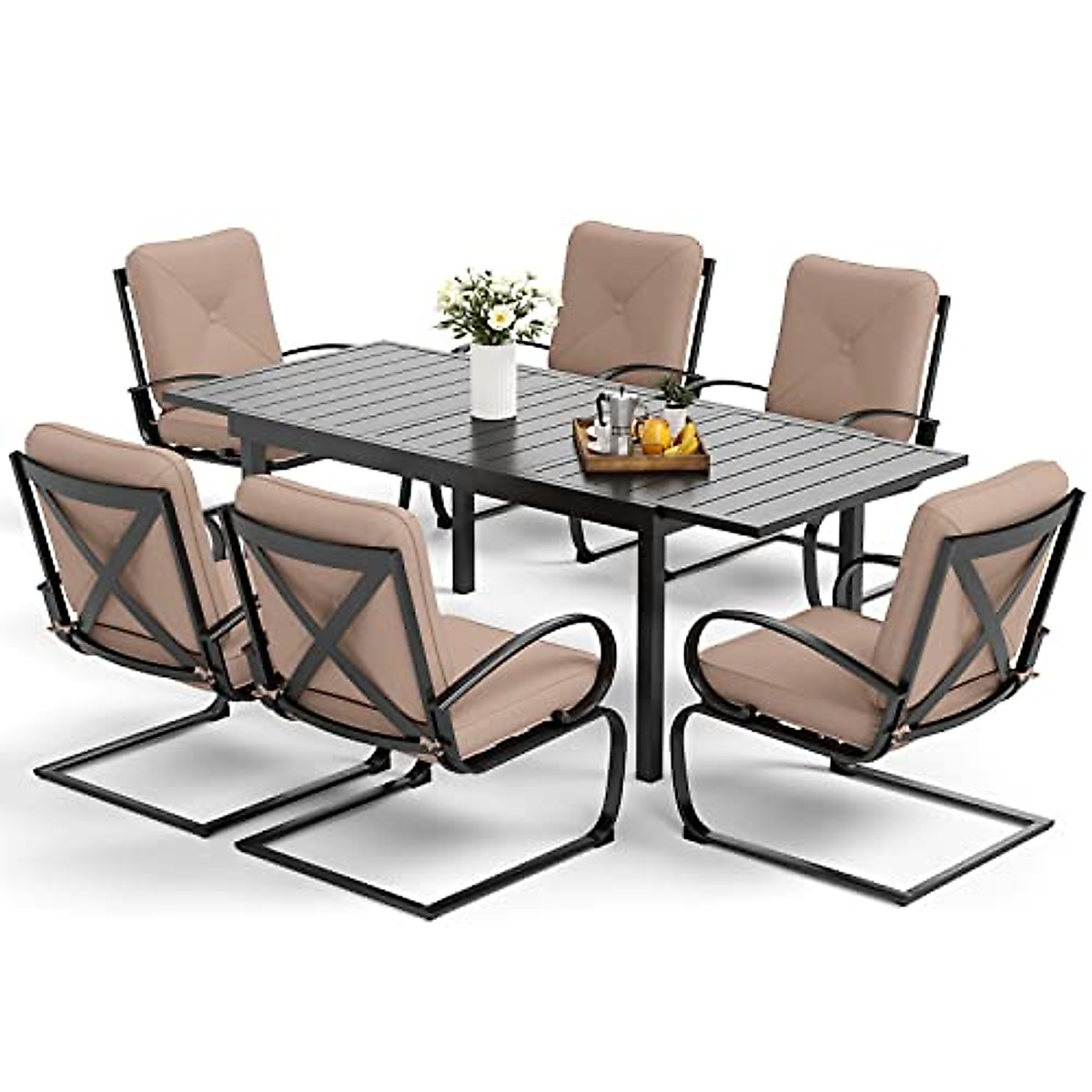 MFSTUDIO 7PCS Outdoor Patio Dining Set, 6 Spring Motion Chairs with Cushion, 1 Rectangular Expandable Table, Porch Lawn Backyard Garden Furniture Sets, Beige