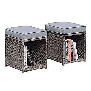 JOIVI 2 Pieces Outdoor Patio Ottoman, All Weather Rattan Wicker Ottoman Set, Outdoor Footstool Footrest Seat with Removable Cushions Storage Space, Grey