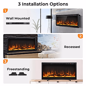 GOFLAME 36 Inch Electric Fireplace Recessed/Wall Mounted/Freestanding, Linear Electric Fireplace Heater Insert with Remote Control, Adjustable Flame Color & Brightness, Thermostat, Timer, 750W/1500W