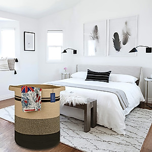 COMSE Extra Large Laundry Basket, Tall Blanket Basket, Laundry Hamper with Handles, 15.7”x 21.7”, Cotton Rope Basket, Woven Laundry Basket, Toy Basket, Clothes Baskets,Woven Basket, Brown/Black