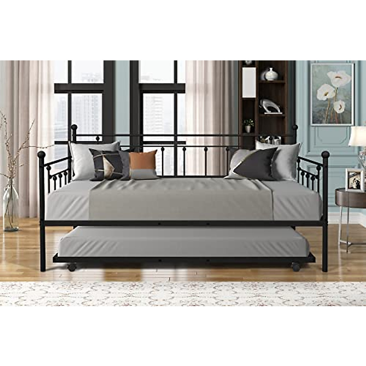 HOUAGI Metal Twin Daybed with Trundle,Sturdy Metal Slats Support,Noise Free/No Box Spring Needed,Black