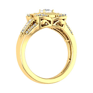 FINEROCK 1/2 Carat Round & Baguette Shape Diamond Cushion Shaped Halo Ring in 10K Yellow Gold (Ring Size 5)