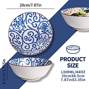 AnBnCn 40 OZ Large Ceramic Bowls Set of 4 - Blue and White Porcelain - Ideal for Pho, Ramen, Salad, Soup, Cereal and Fruit - Dishwasher & Microwave Safe(Assorted Patterns)
