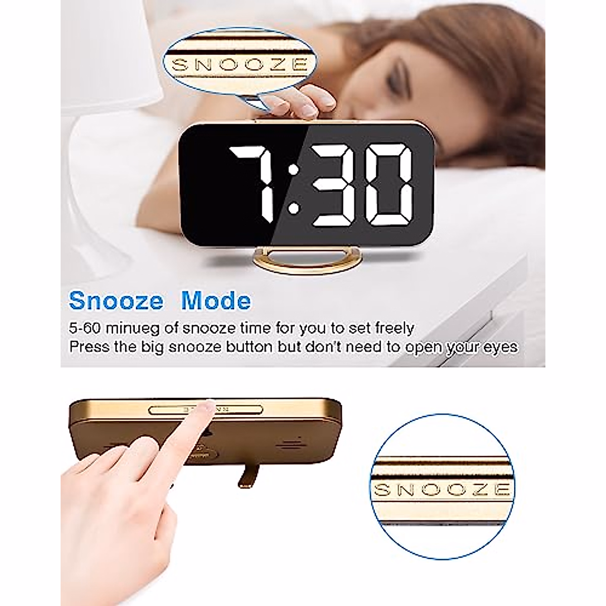 Digital Alarm Clock,7 in LED Mirrored Clocks Large Display,with 2 USB Charger Ports,Auto Dim,Night Mode,Modern Desktop Electronic Clocks for Bedroom Home Office Decor - Gold