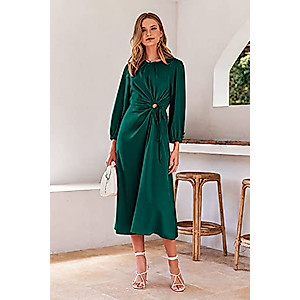 PRETTYGARDEN Women's 2023 Satin Maxi Dress Puff Long Sleeve Crewneck Cutout Casual A-line Long Flowy Dresses (Dark Green,X-Large)