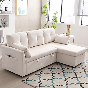 Vliekcy Sectional Sleeper Sofa Bed,Convertible Pull Out Couch with Storage Chaise Lounge, Upholstered L Shape Sofa with 2 Pillows, Comfortable Velet Fabric Couches for Living Room, Beige