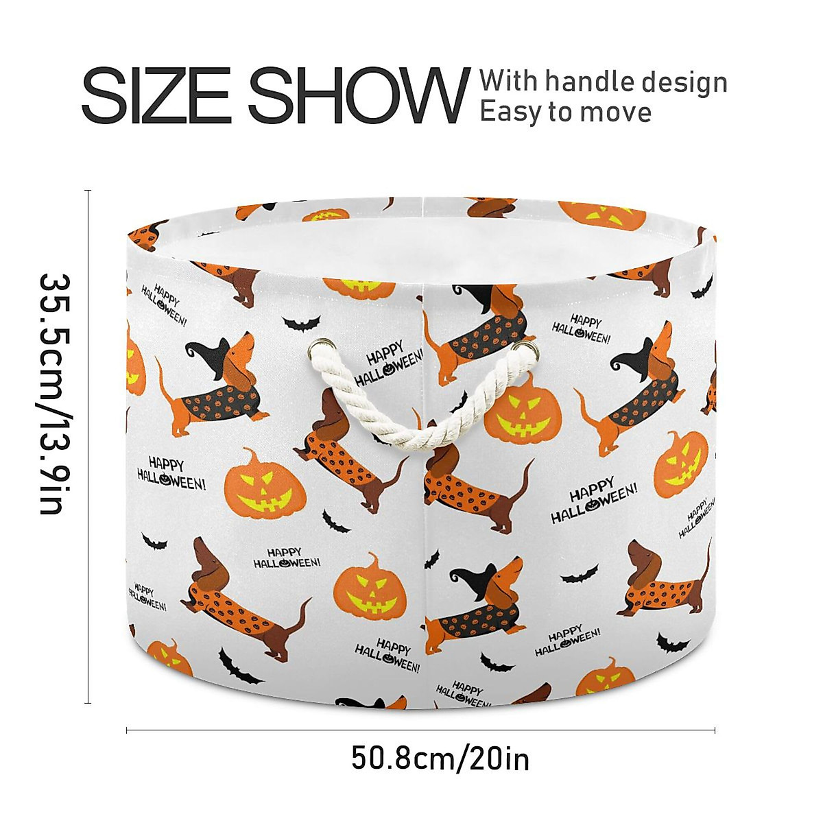 FJDENG Halloween Dachshund Cotton Rope Basket,Canvas Laundry Basket Foldable Toy Storage Basket for Bedroom,Closet Bathroom,Living room,Car Trunk