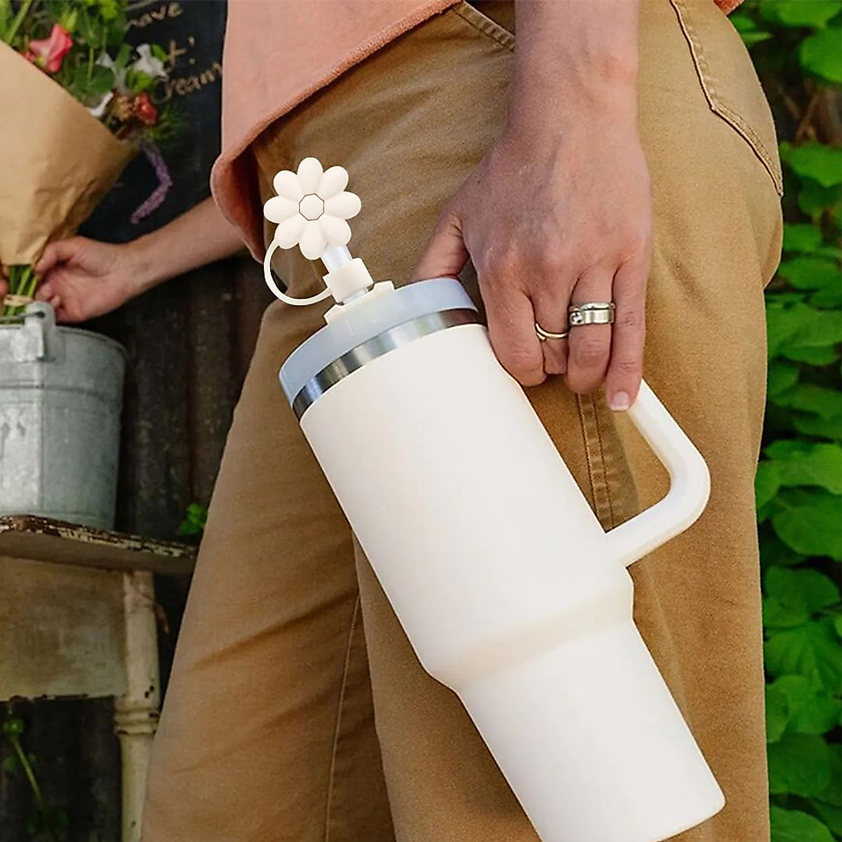 Obxquisite Straw Cover Cap for Stanley Cup, 3Pcs Flower Silicone Straw Toppers Accessories Compatible with Stanley Cup 30&40 Oz Tumbler, Straw Tips Lids for Home and Party Decor (Beige)