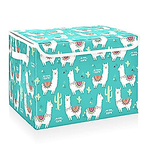 CaTaKu Cute White Llama Storage Bins with Lids Fabric Large Storage Container Cube Basket with Handle Decorative Storage Boxes for Organizing Clothes Shelves