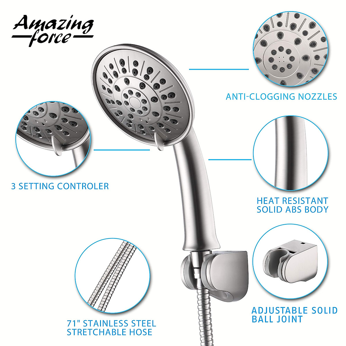 AMAZING FORCE Rainfall Shower Head Combo, Shower Wand,High Pressure Shower Head and 3-Setting Handheld Shower Head with Anti-Clogging Nozzles and Adjustable Solid Ball Joint 1.8 GPM