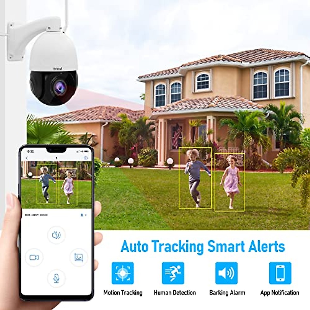JideTech 5MP PTZ Camera Outdoor, 20X Optical Zoom Smart WiFi IP Camera with 360° Rotate,1000ft View Distance,SDM Array IR Night Vision,Auto-Tracking Detection Alarm,2-Way Audio,IP66 Waterproof