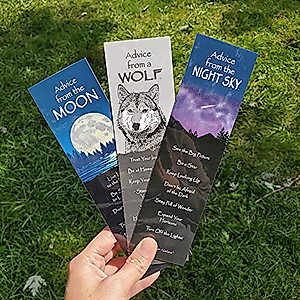 Your True Nature Advice from Nature 3 Bookmark Night Set, Laminated with Glossy Finish, Printed on Recycled Paper - Wolf, Moon, Night Sky (AMBM-Night)