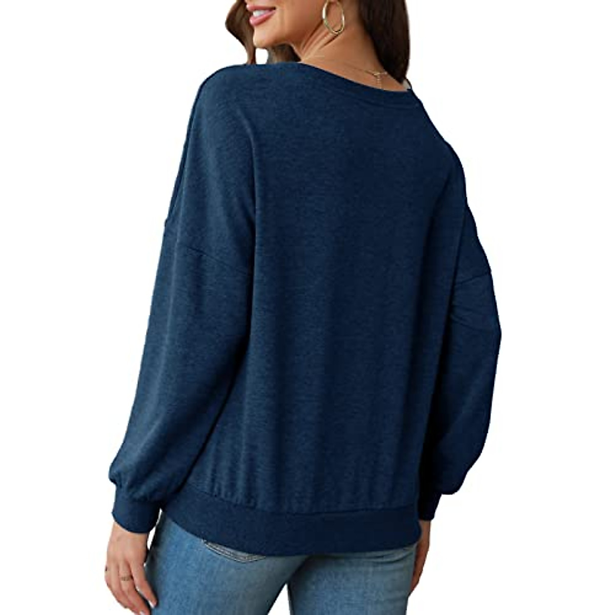 FMEYOA Womens V Neck Sweatshirts Long Sleeve Lightweight Loose Fall Basic Sweater Pullover Tops(Navy,Medium)