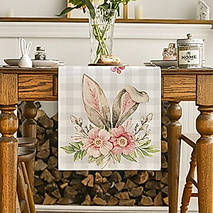 Artoid Mode Buffalo Plaid Bunny Rabbit Ears Flower Easter Table Runner, Spring Summer Seasonal Holiday Kitchen Dining Table Decoration for Indoor Outdoor Home Party Decor 13 x 72 Inch