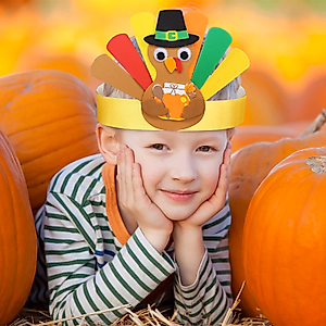 Winlyn 24 Sets Thanksgiving Turkey Headbands Fall Thanksgiving Craft Kits DIY Turkey Hats with Fall Leaf Pumpkin Turkey Feather Foam Stickers Googly Eyes Art Sets for Kids Party Classroom Activities
