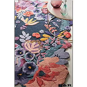 Restoration and Renovation Handmade Flower Multicoloured Irregular Area Rug 100% Imported Blended Wool Floral Area Rug (Navy, 8x5 ft)