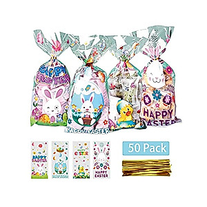 BIGINIWA Easter Gift Bags 50Pcs, Clear Cello Cellophane Plastic Treat Goodie Bags with 50x Twist Ties