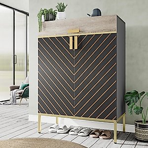 Tribesigns Shoe Cabinet with Drawers, 4-Tier Shoe Organizer with Removable Shelves, Modern Shoe Storage with Doors for Entryway, Hallway, Bedroom, Gray/Gold