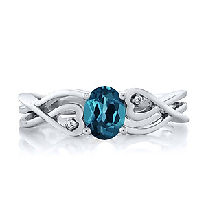 Gem Stone King 925 Sterling Silver London Blue Topaz and White Lab Grown Diamond Ring For Women (0.51 Ct Oval, Gemstone Birthstone, Available in size 5, 6, 7, 8, 9)