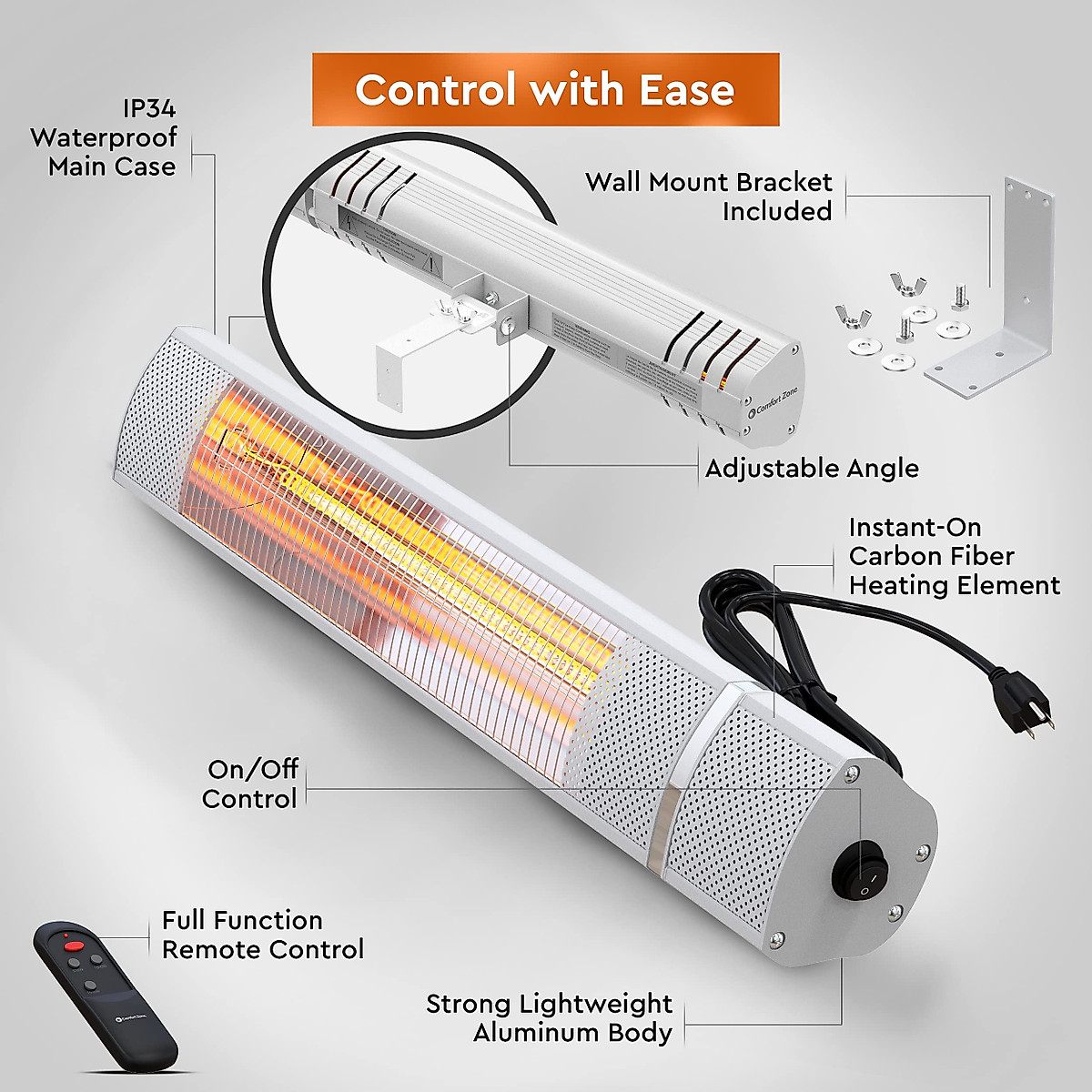 Comfort Zone Electric Indoor/Outdoor Patio Space Heater, Remote Control, IP65 Waterproof Rated, Wall-Mountable, Overheat Protection, & Tip-over Switch, Commercial and Residential, 1,500W, CZPH20RSL