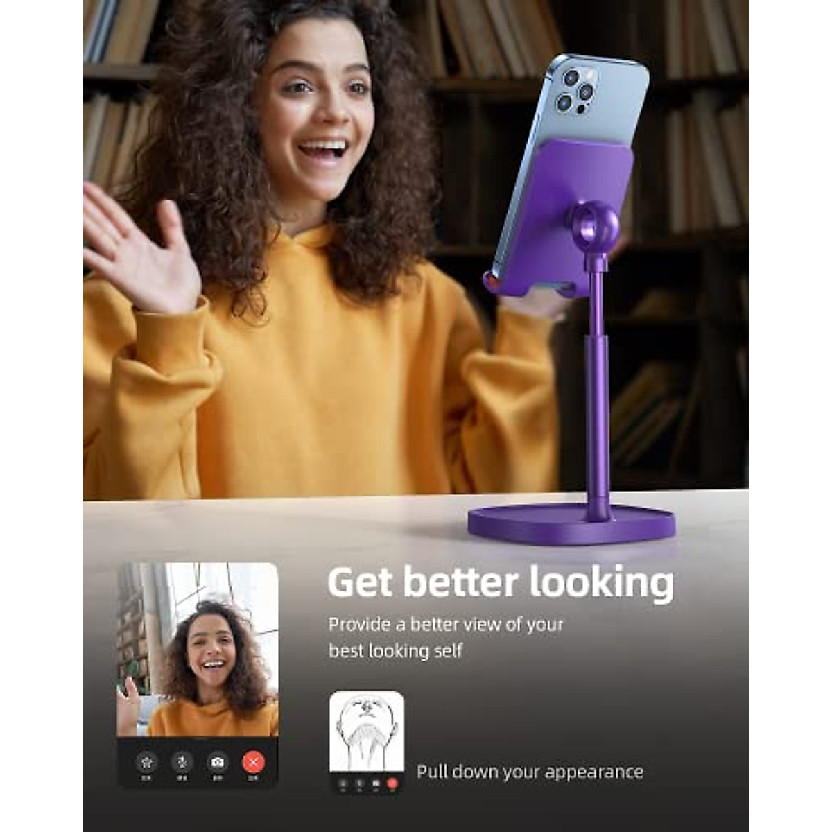 LISEN Purple Cell Phone Stand, Angle Height Adjustable Stable Cell Phone Stand for Desk, Sturdy Aluminum Metal Phone Holder Fits iPhone 14 Pro Max Samsung Kindle All 4''-10'' Devices etc…