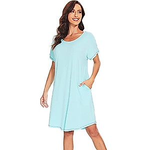 WiWi Bamboo Nightgowns for Women Soft Short Sleeve Night Gowns Summer Sleep Shirt Sleepwear Dress with Pockets S-XXL, Aqua, Small