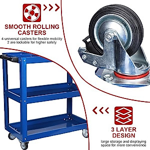 3-Tier Rolling Tool Cart, 330 LBS Capacity Heavy Duty Service Cart with Handle & Lockable Wheels, Rolling Trolley Storage Organizer with Adjustable Dividers, for Warehouse Garage