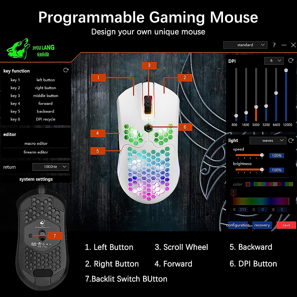 ZIYOU LANG M5 RGB Lightweight Wired Gaming Mouse with 12000 DPI 6 Programmed Buttons,65G Honeycomb Shell,Ultralight Ultraweave Cable,Pixart 3325 Optical Sensor Gamer Mice for Laptop PC Mac(White)
