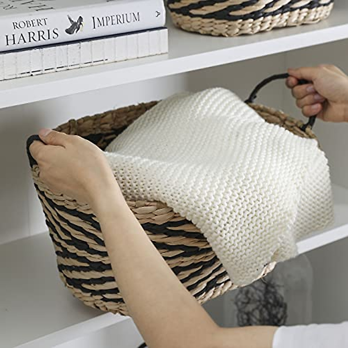 Motifeur Water Hyacinth and Paper Handwoven Basket (Assorted Set of 3, Beige and Black)