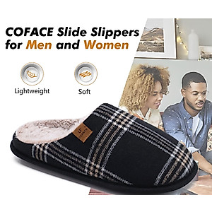 COFACE Mens Black Flano Plaid Cozy Memory Foam scuff Slippers Slip On Warm House Shoes Indoor/Outdoor With Best Arch Support Size 8.5