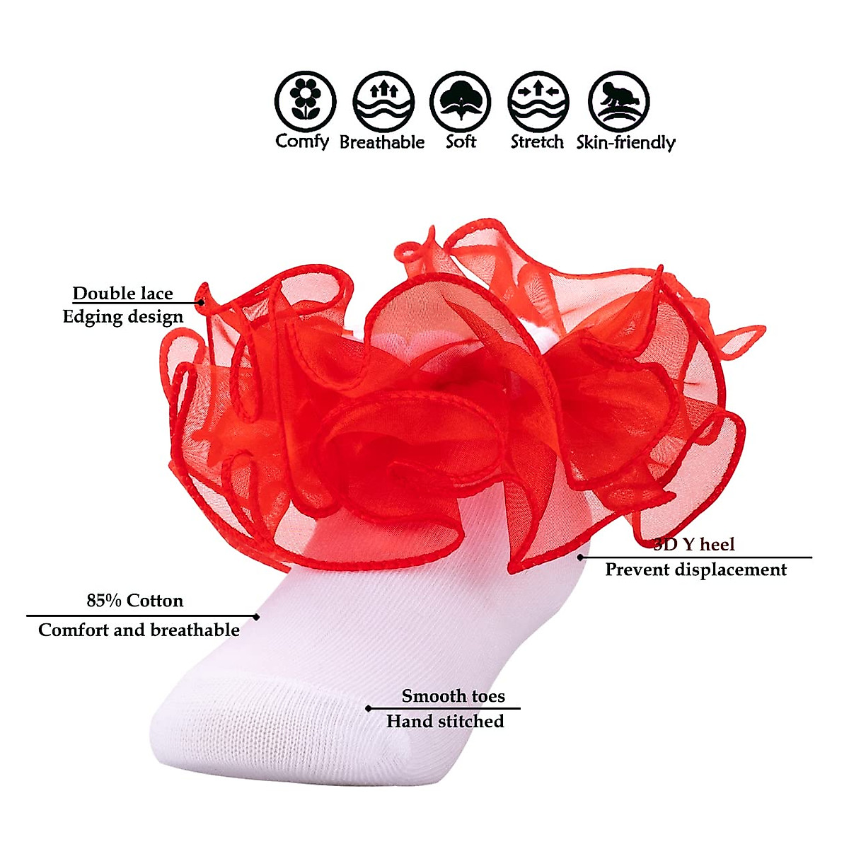 Dicry Baby Girls Double Lace Socks with Ripple Cuffs and Big Ruffle for Infants (GWhite Pink Redold, 6-12 Months)