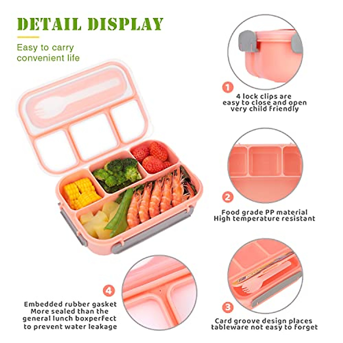 Vensp Adult Lunch Bento Box, lunch Boxes for School, Toddler/Kids/Adults, 1300ml-with 4 Compartments&Fork, Leak-Proof, Men Women lunch box, Microwave/Dishwasher/Freezer Safe, Bpa-Free(Pink)