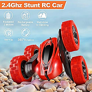 ORRENTE RC Stunt Car Toy , Offroad Remote Control Monster Trucks 4WD 2.4Ghz Rock Crawler with Headlights, Double Sided 360° Flips Toys Gift for Kids Boys Girls (Red)