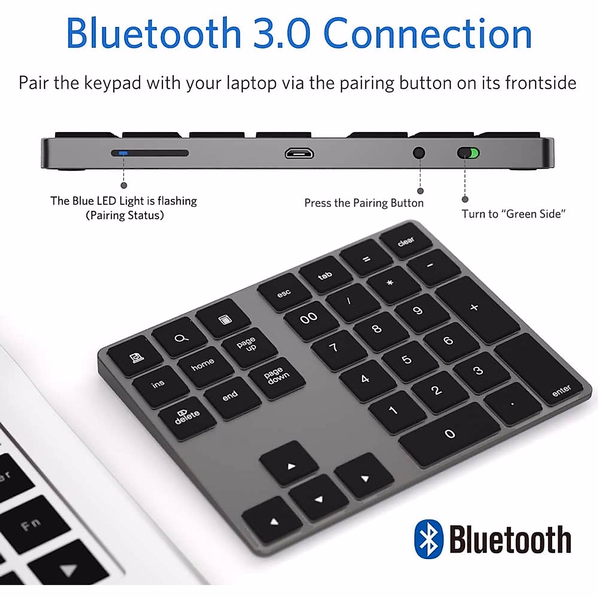 JOYEKY Bluetooth Number Pad, Wireless Numeric Keypad, USB-C Rechargeable External 34-Keys Numpad, Financial Data Entry Keyboard for iMac, MacBook Air/Pro, PC Desktop, Laptop Notebook