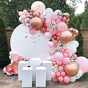 143Pcs Girl's Birthday Pink and Rose Gold Confetti Different Size Balloons Garland Kit Dark and Baby Pink Latex Balloons Gold Chrome Balloons for Wedding Bridal Shower Baby Shower Party Decoration