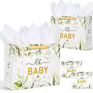 Shindel 13" Large Baby Boy Girl Gift Bag with Handle, 2PCS Baby Gift Bag with Tissue Paper Greeting Card Ribbon for Baby Shower Newborn Birthday Party
