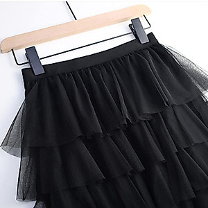 BDQING Women's Elastic Waist Tiered Layered Mesh Ballet Prom Party Tulle Tutu A-line Long Skirt (Black, L)