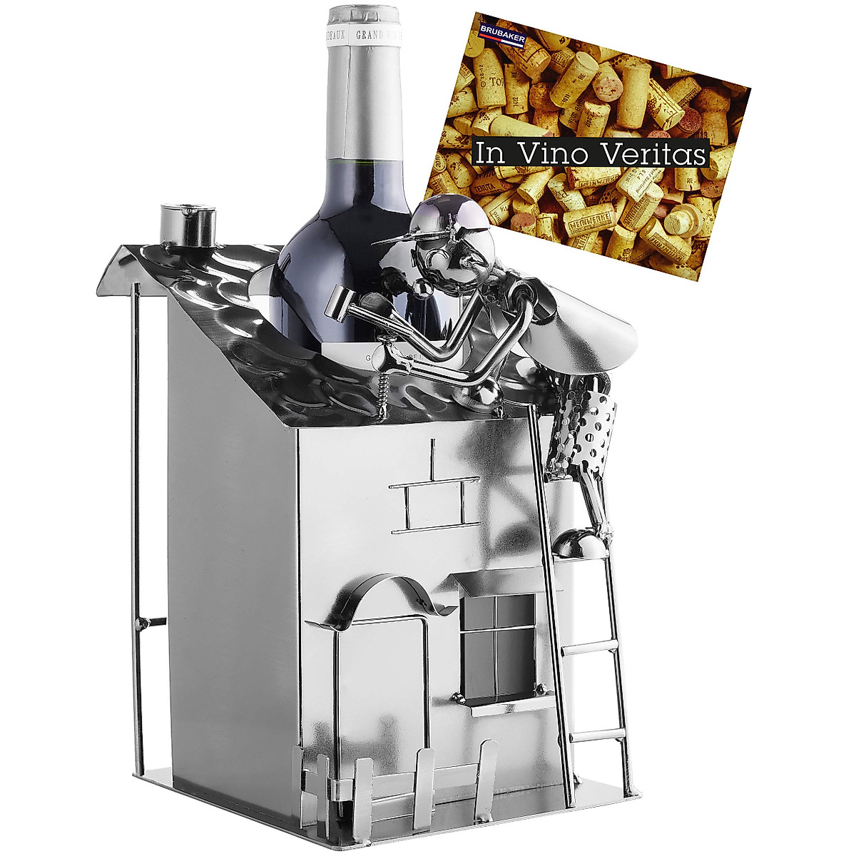 BRUBAKER Wine Bottle Holder 'Home Sweet Home' - Table Top Metal Sculpture - with Greeting Card