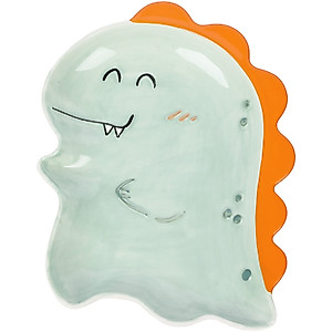 MyGift Fun Adorable Dinosaur Shaped Ceramic Plate, Cute Turquoise Cartoon Stegosaurus with Orange Spine, Small Serving Happy Dino Platter Snack Tray