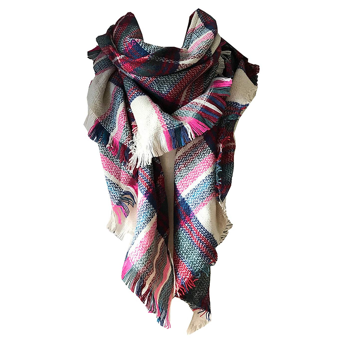 Wander Agio Womens Warm Scarf Triangle Shawls Large Scarves Stripe Plaid Fichu Beige Pink Colour 1