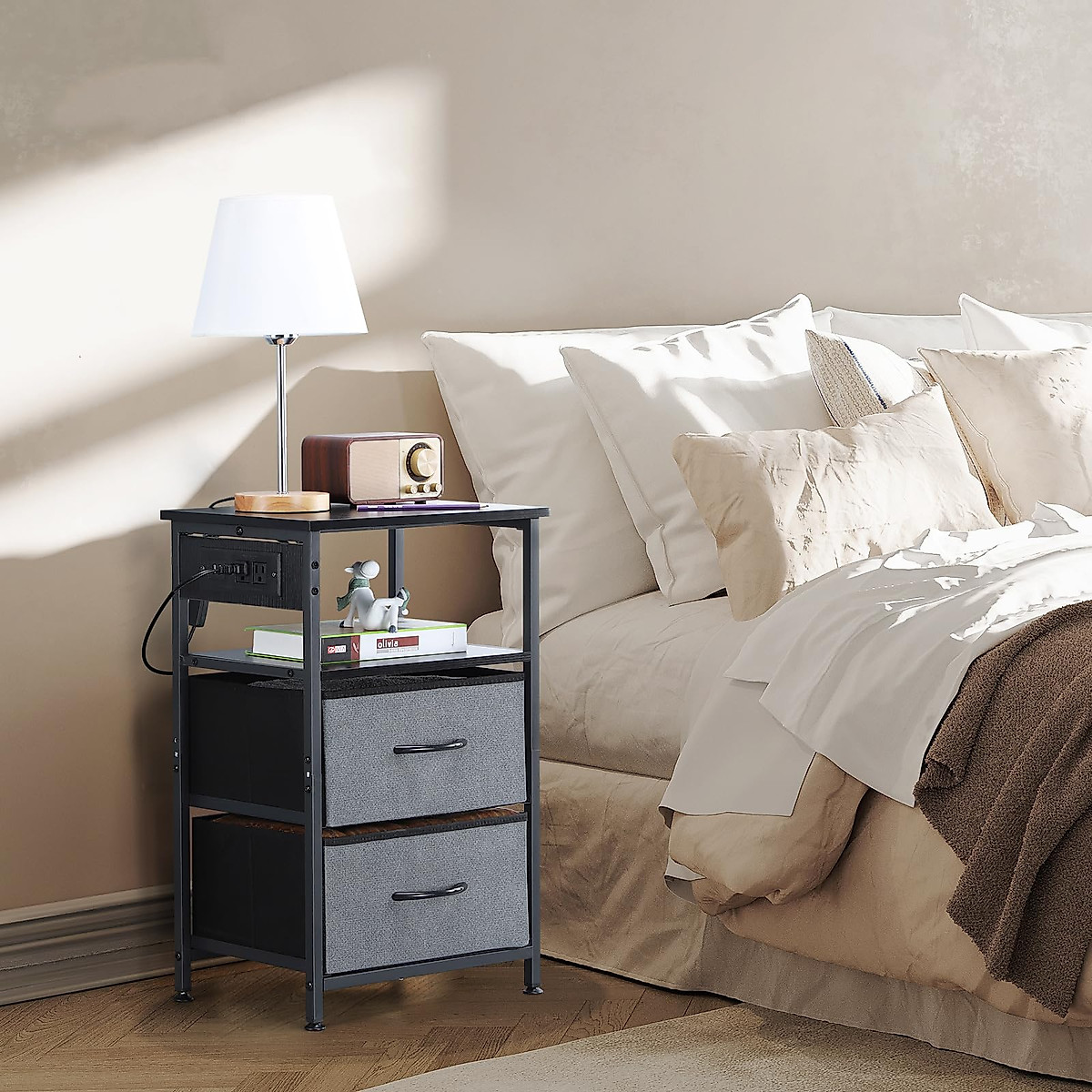 NANANARDOSO Nightstand with Charging Station, Small Bedside Table with 2 Fabric Drawers and Storage Shelf, Rustic End Table for Small Space Bedroom Living Room, Black