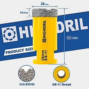 HIGHDRIL Diamond Core Drill Bit - 1-1/8"(28mm) with 5/8-11 Thread Dry Drilling for Porcelain Tile Ceramic Granite Marble Stone Masonry Brick