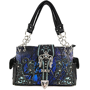 Justin West Camouflage Tree Branches Bling Rhinestone Cross Wings Buckle Crossbody Chain Messenger and Purse (Buckle Blue Handbag Wallet Set)