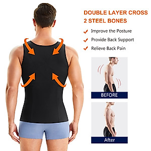 Wonderience Compression Shirts for Men Undershirts Slimming Body Shaper Tank Top Vest with Zipper (Black, Large)