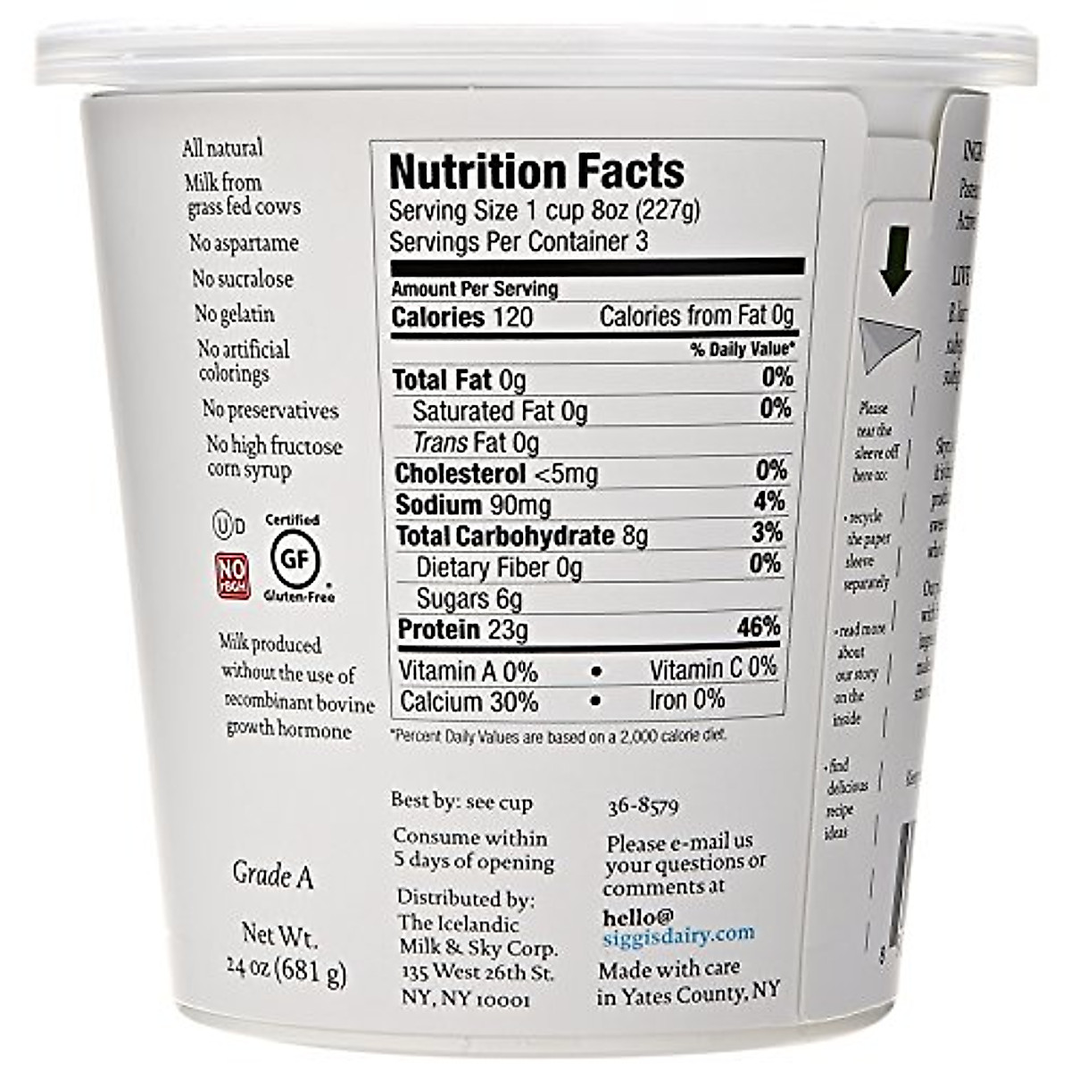 siggi's® Icelandic Strained Nonfat Yogurt, Plain, 24 oz. Multiserving Container – Thick, Protein-Rich Yogurt Snack